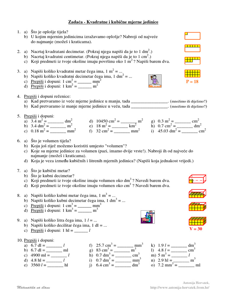 Kvadratne I Kubicne Mjerne Jedinice DZ (2. I 3. Stranica) | PDF