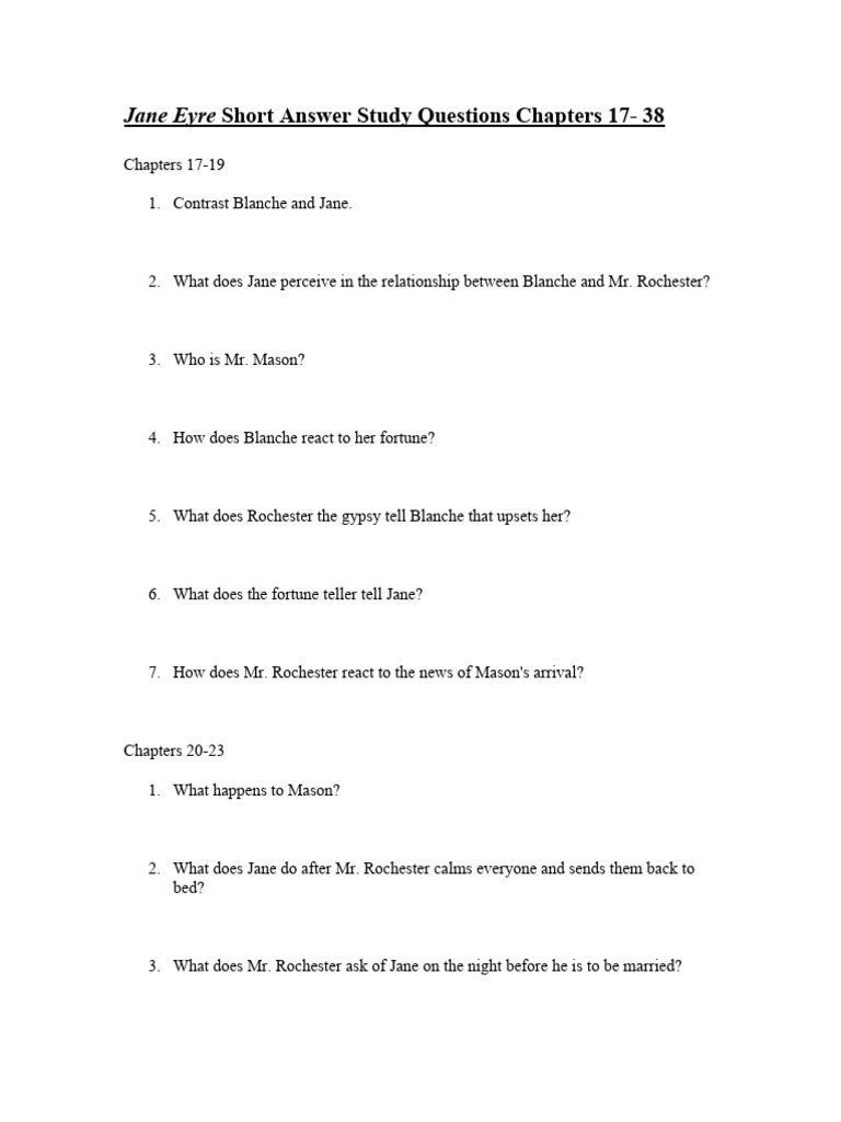 Jane Eyre Short Answer Study Questions Chapters 17 | PDF | Jane Eyre