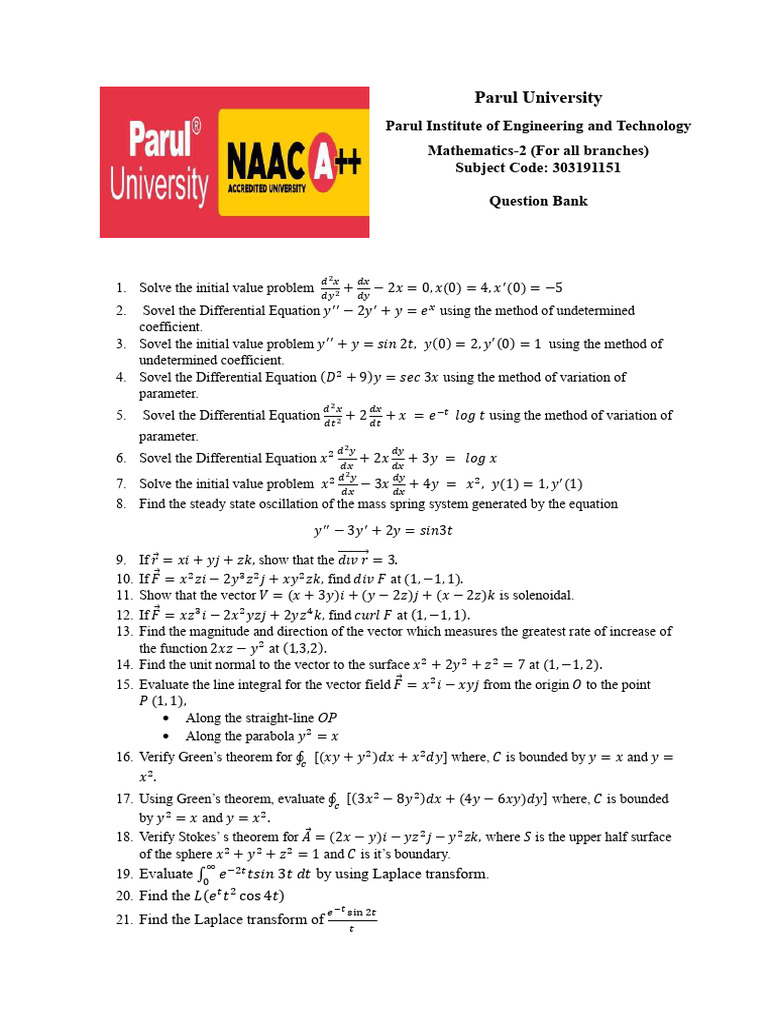 Maths 2 Question Bank - 240430 - 074631-1 | PDF | Fourier Transform ...