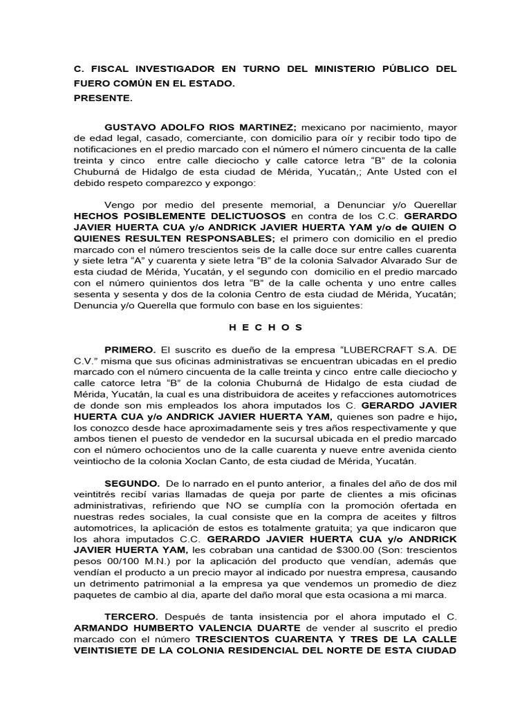 Escrito Denuncia Penal | Descargar gratis PDF | Demanda judicial | Ley ...