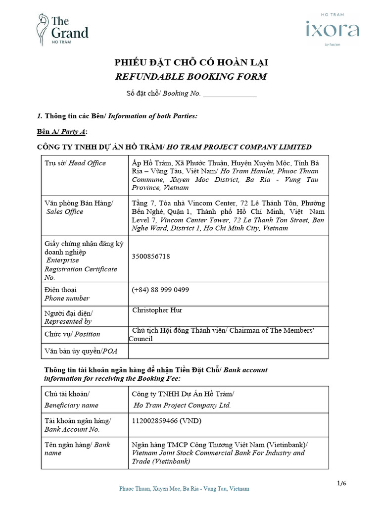 02 Refundable Booking Form Ixora Ho Tram by Fusion 2 Applied From | PDF