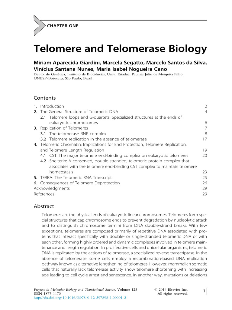 2014 Giardini. Telomere and Telomerase Biology | PDF | Telomere | Dna