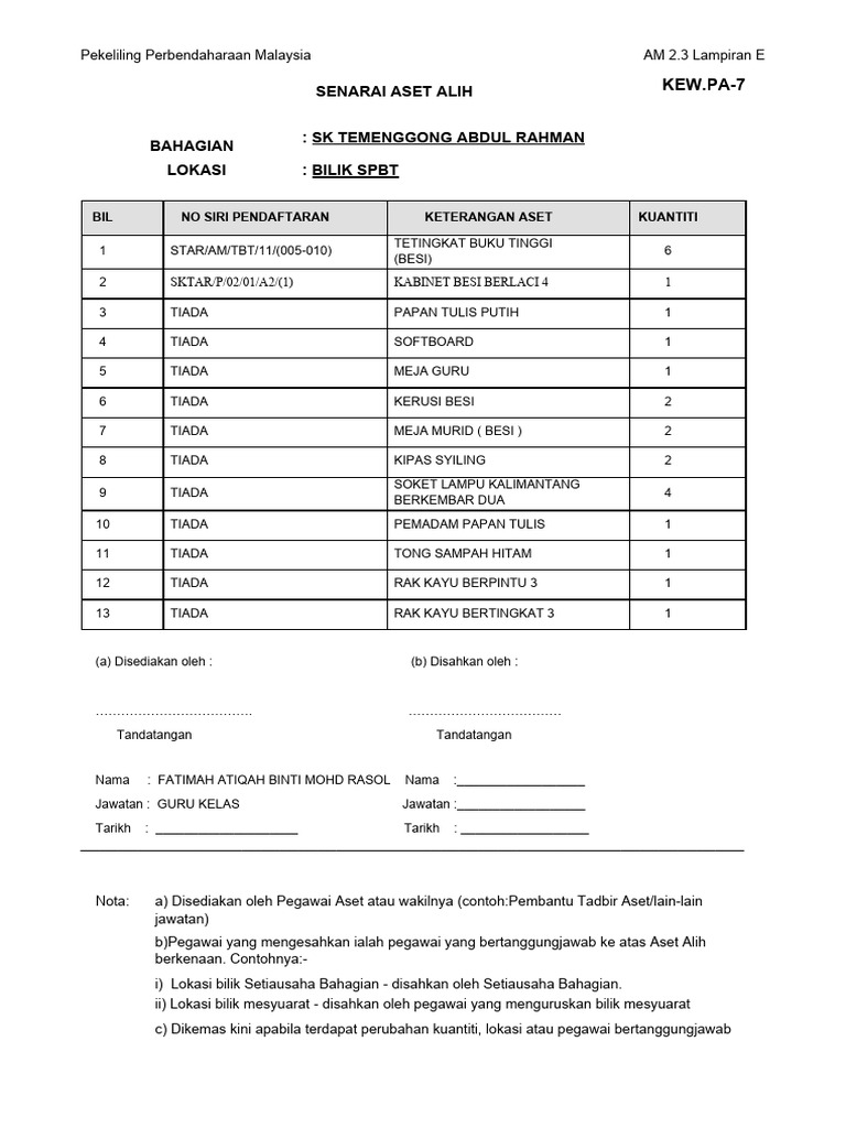 Borang Kew Pa 7 Bilik SPBT | PDF