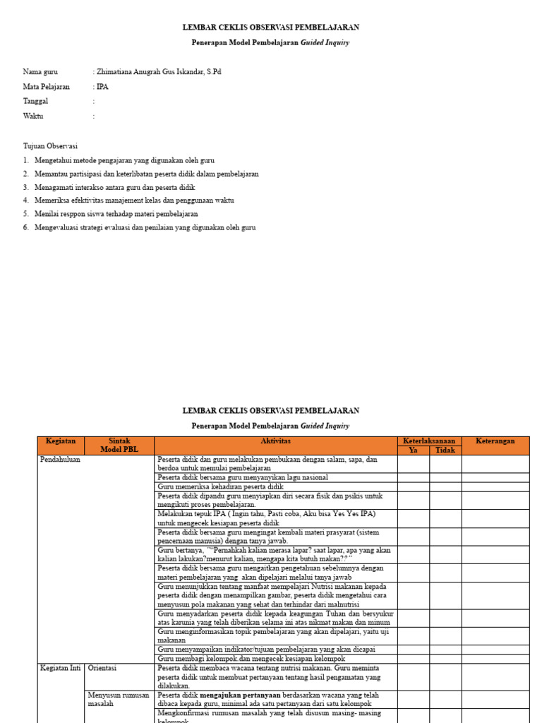 Ceklis Observasi Pembelajaran IPA | PDF