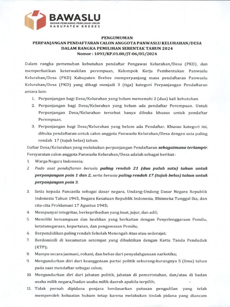 Pengumuman Perpanjangan Pendaftaran Calon PKD Pemilihan 2024 | PDF