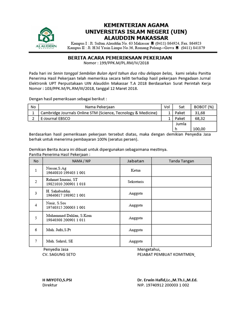 BERITA ACARA PEMERIKSAAN PEKERJAAN Journal | PDF