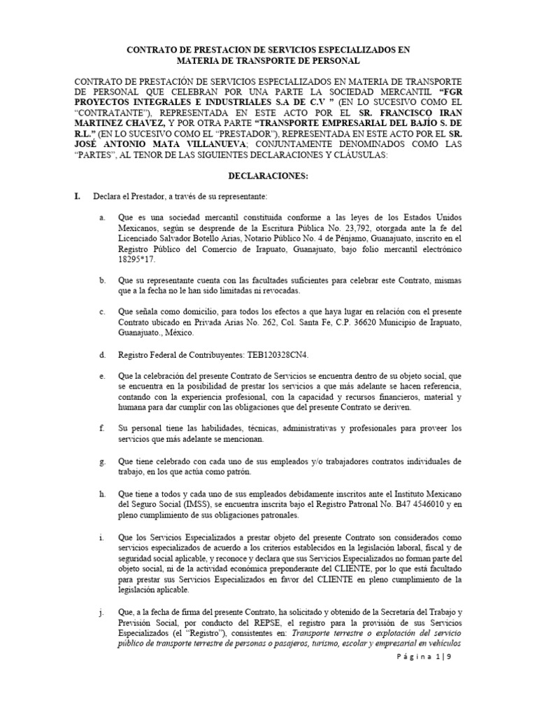 Formato Contrato Prestación Servicios Especializados Teb-Repse - Grupo ...