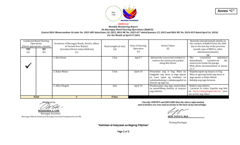 Sample Accomplished Annex C - Barangay BaRCO Monthly Monitoring Report Template With PB's ...