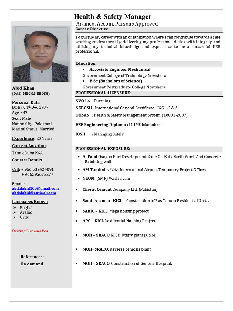 Abid CV HSE Manager Updated | PDF | Occupational Safety And Health | Employment