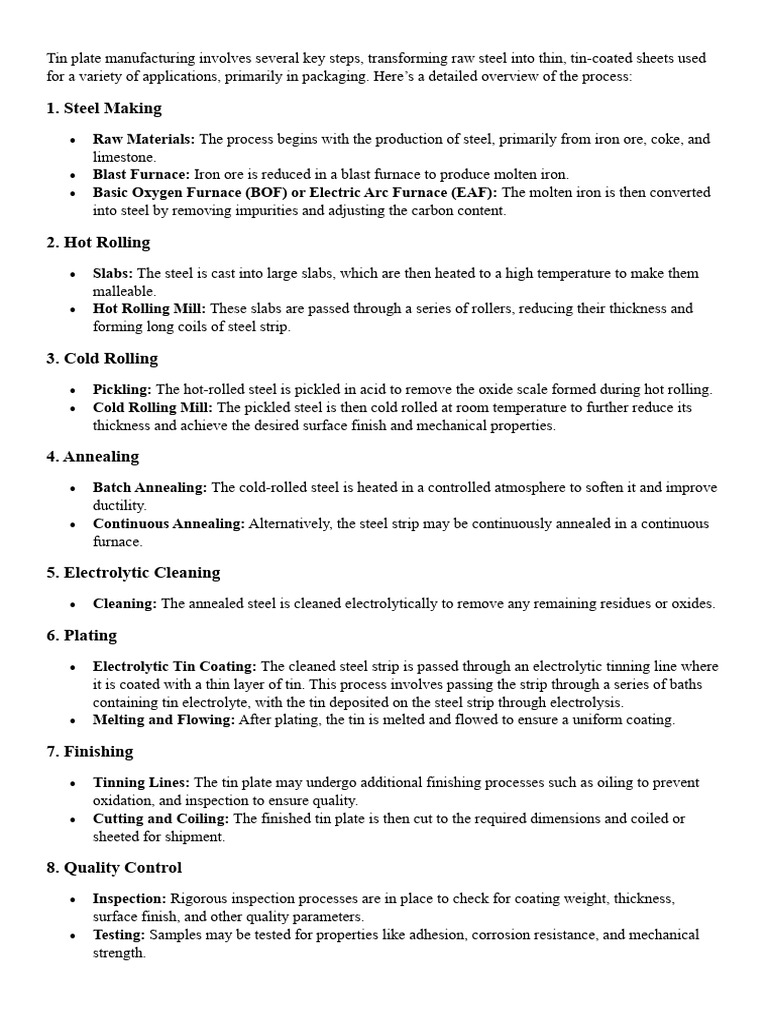 Tin Plate Manufacturing Process | PDF | Steel | Rolling (Metalworking)