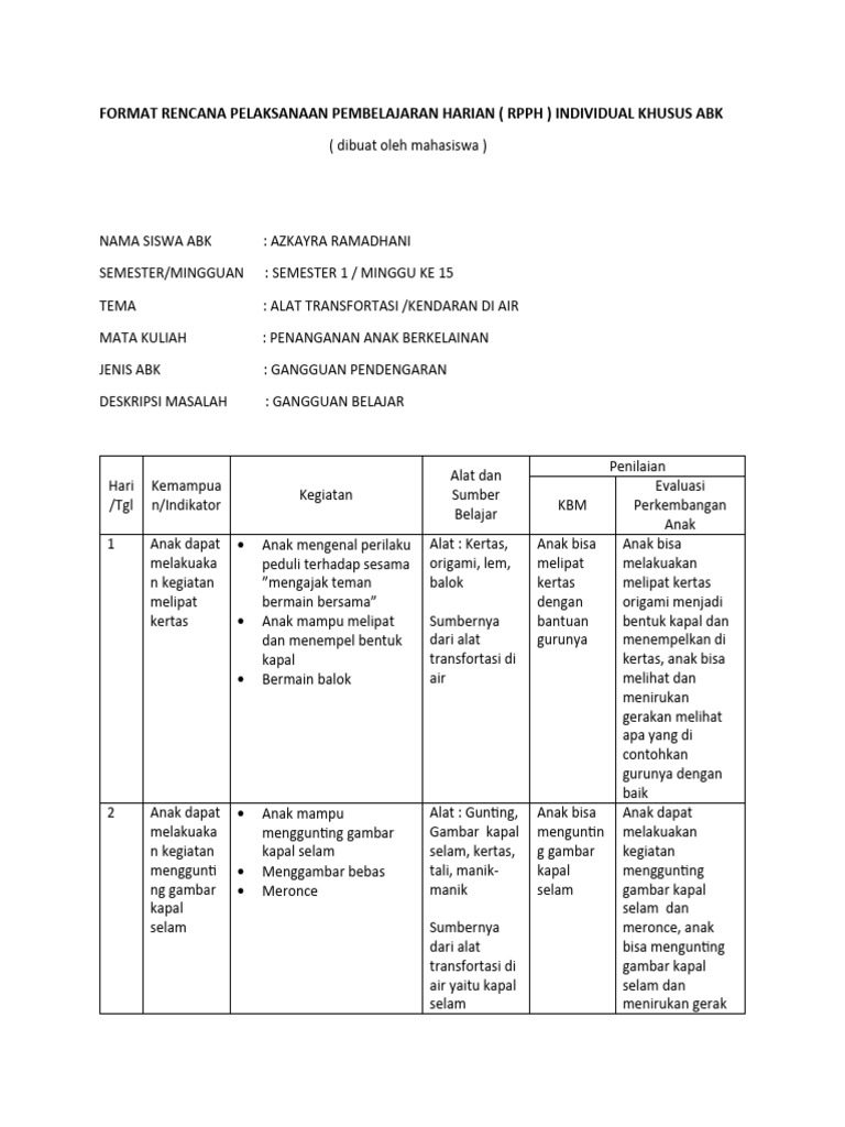 Format Rencana Pelaksanaan Pembelajaran Harian | PDF