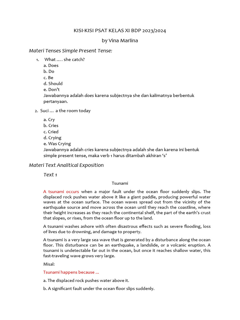Kisi B Inggris Untuk Siswa XI BDP | PDF | Tsunami | Oceans