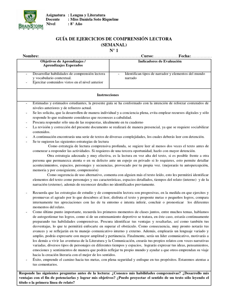 Guia 8° Lenguaje y Comunicación | PDF | Comprensión lectora | Ciencia cognitiva