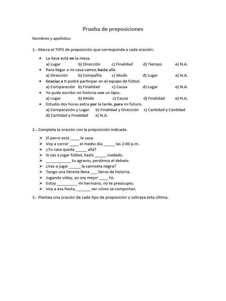 Ejercicio sobre Tipos de Preposiciones | PDF | Hogar, jardinería y ...