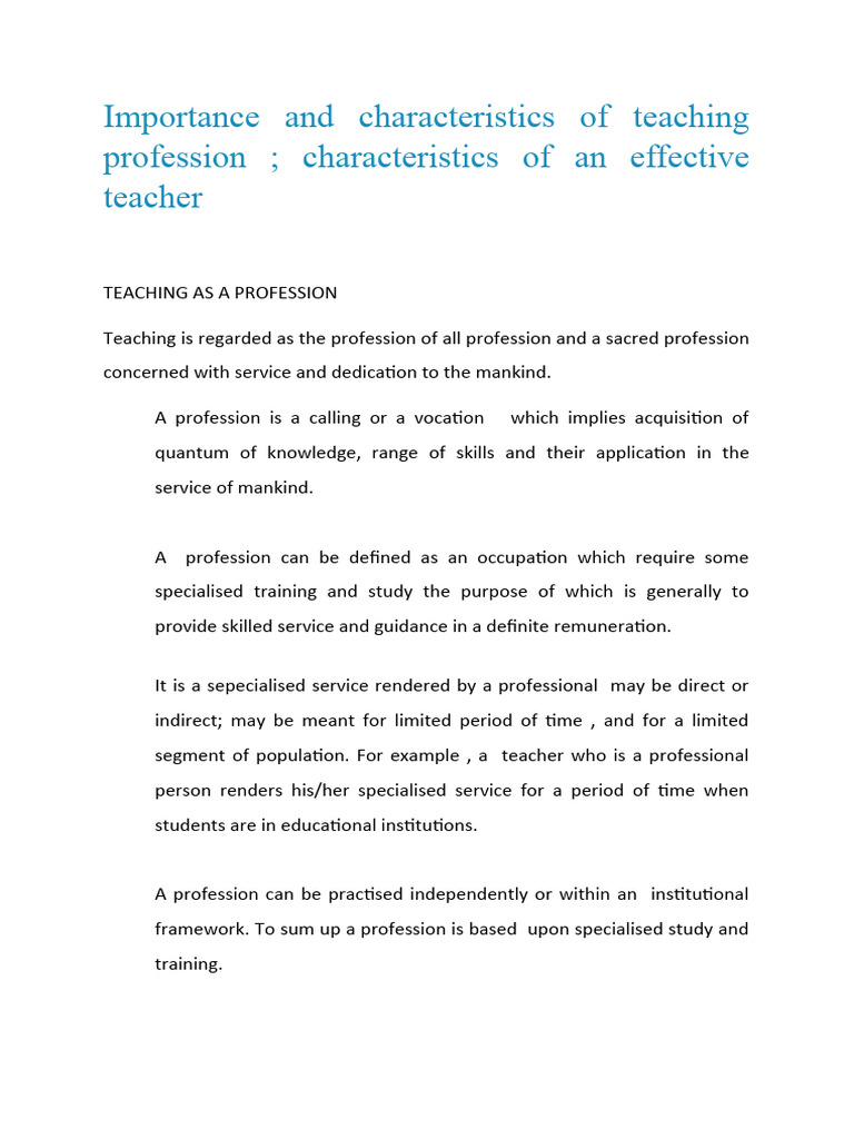 Characteristics of the Teaching Profession | PDF | Teachers | Profession