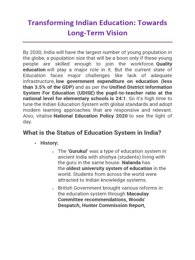 Transforming Indian Education - Towards Long-Term Vision | PDF | Wash