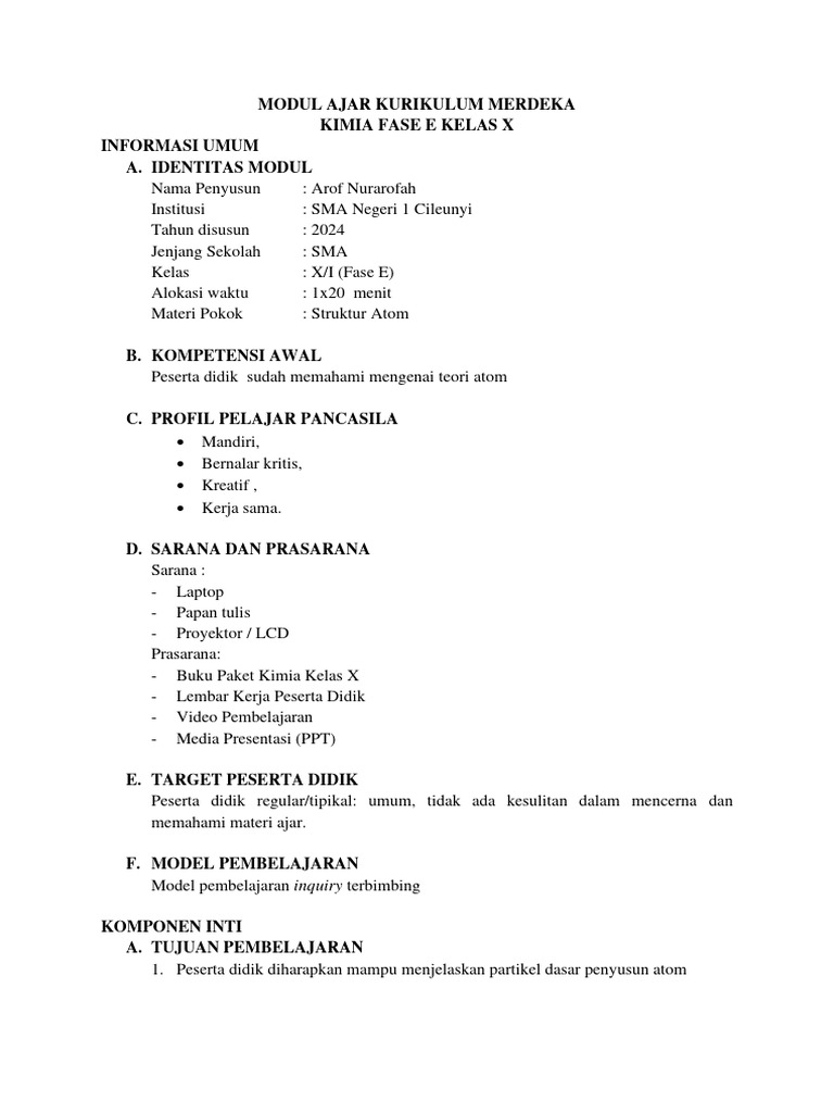 Modul Ajar Struktur Atom Kelas X | PDF