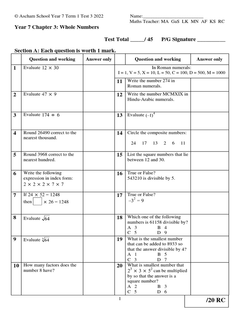 2022 Y7 T1 Test 3 Ch 3 | PDF | Numbers | Discrete Mathematics