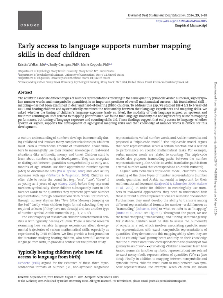 Early Access To Language Supports Number Mapping Skills in Deaf Children | PDF | Sign Language ...