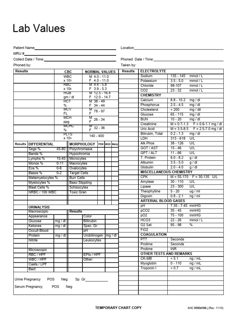 Normal Lab Values - 1 | PDF