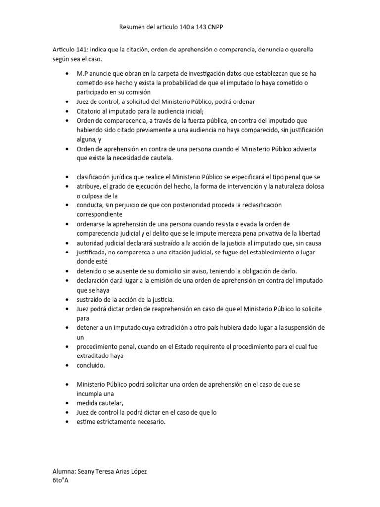 Resumen de Los Articulos 141 y 143 CNPP | PDF | Derecho penal | Ley común