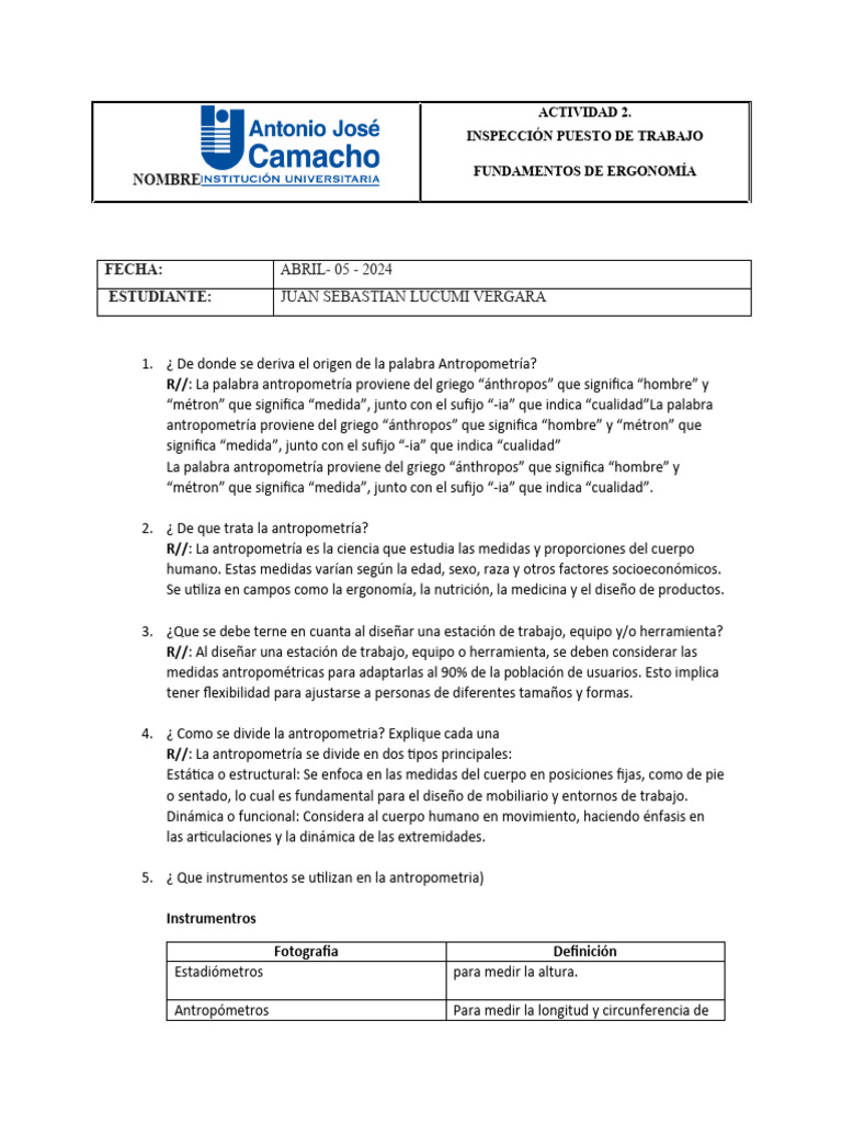 Actividad Antropometria Pdf Antropometría