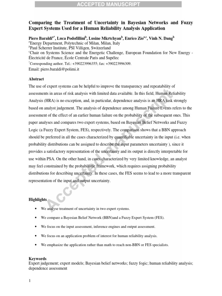 Comparing The Treatment of Uncertainty in Bayesian Networks & Fuzzy Expert Systems - Human ...