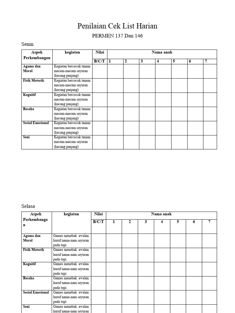 Cek List Harian Kegiatan Anak 2023 | PDF | Kesehatan Holistik