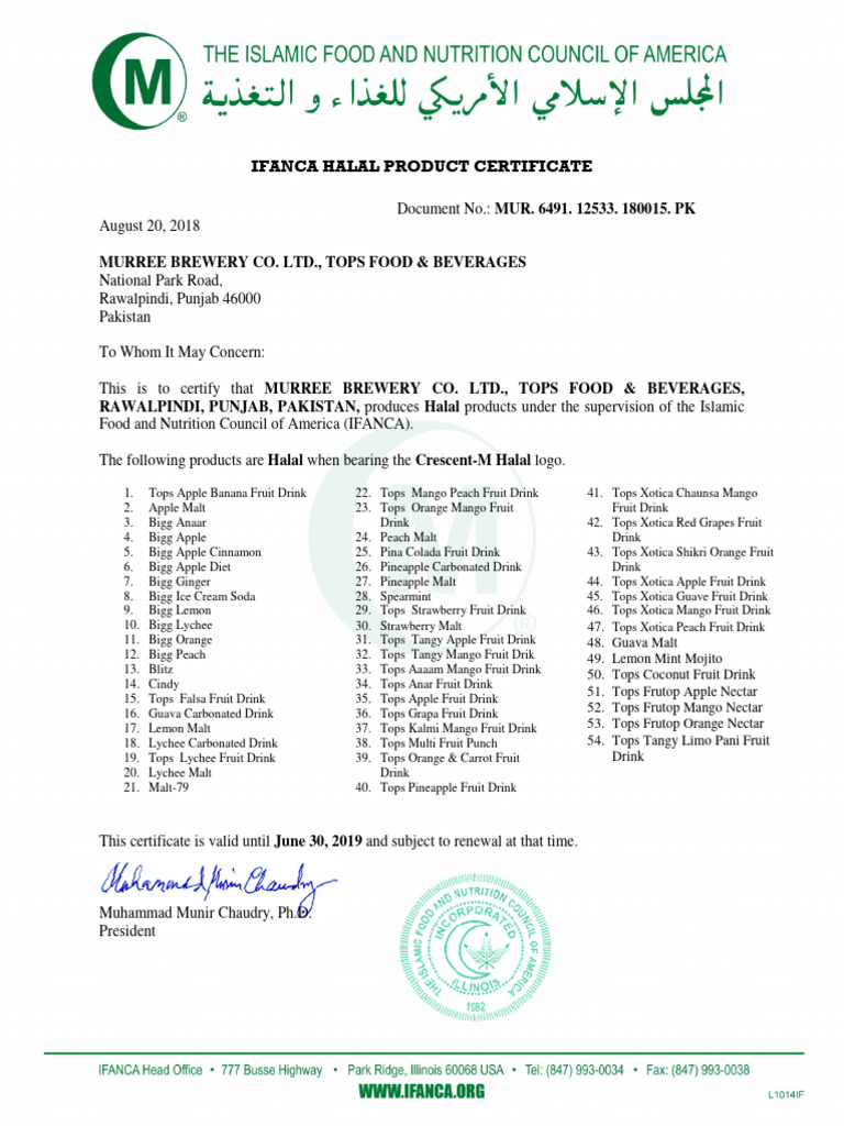 IFANCA Halal Certificate for Murree Brewery | PDF | Drink | Fruit