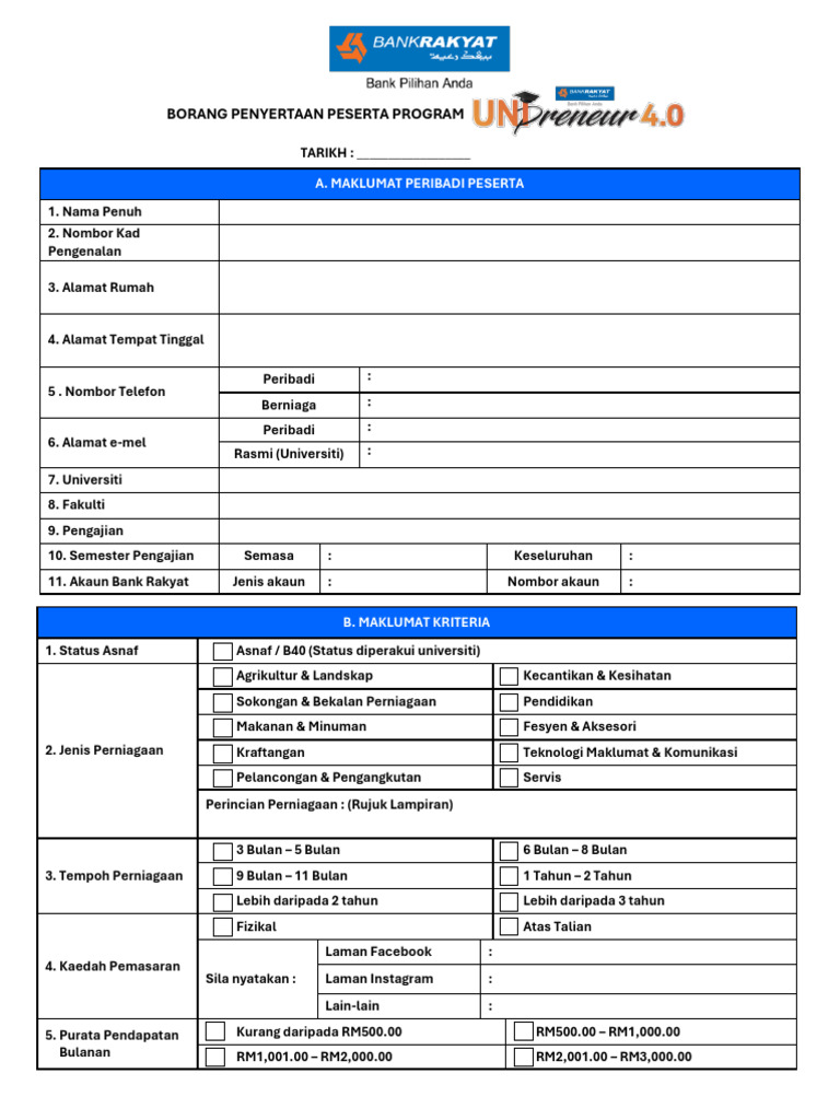 Borang Penyertaan Peserta Program Bank Rakyat UNIpreneur 4.0 | PDF