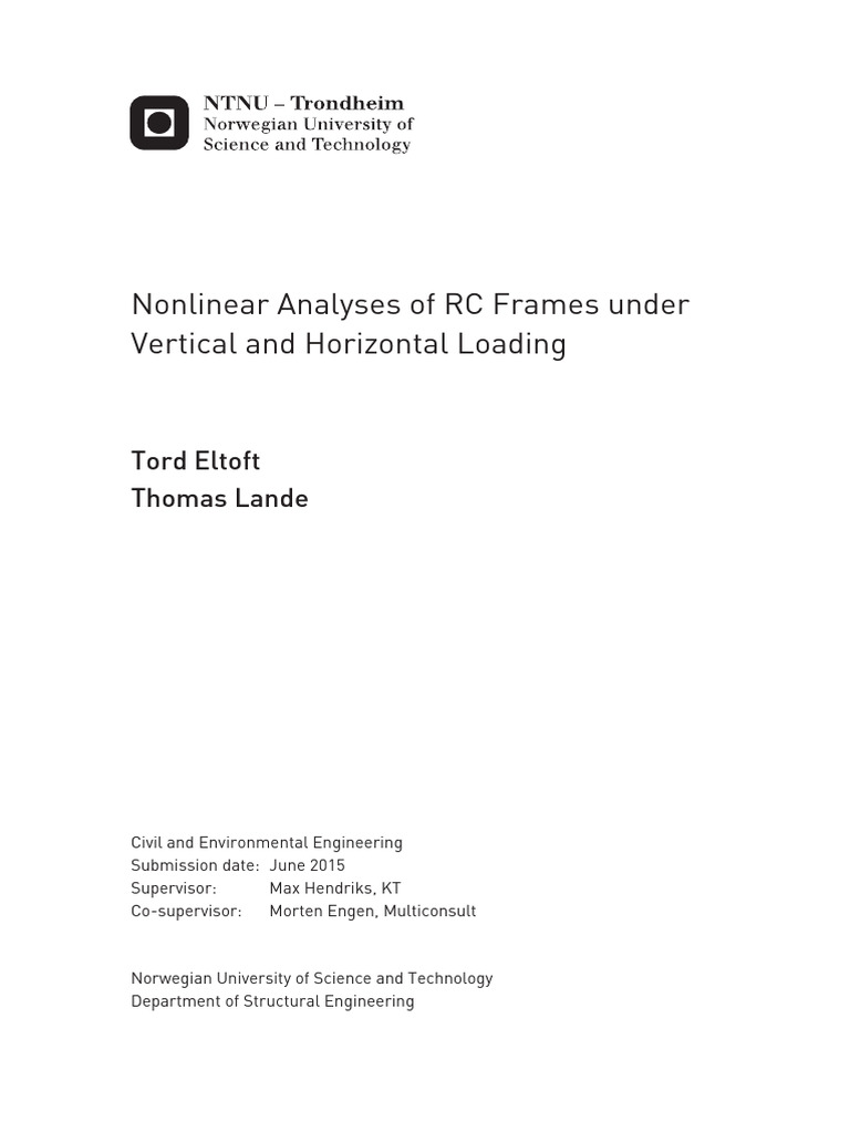 Nonlinear Analyses Of Rc Frames Under Vertical And Horizontal Loading Eltoft And Lande Pdf