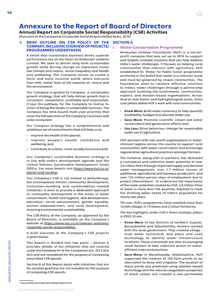 HUL_CSR_Annual Report – 2022-23 | Download Free PDF | Corporate Social ...