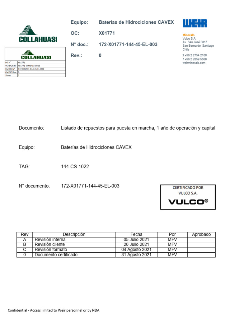 Equipo: Baterías de Hidrociclones CAVEX OC: X01771 #Doc.: 172-X01771-144-45-EL-003 Rev.: 0 | PDF