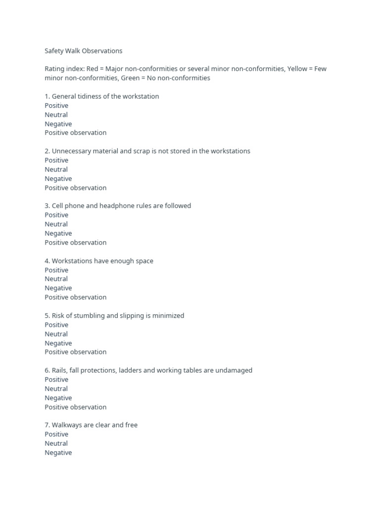 Safety Walk Observation Checklist | PDF | Dangerous Goods ...