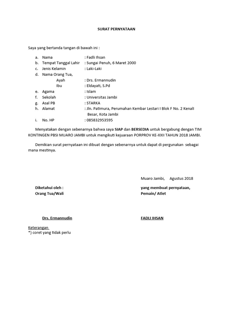 Surat Pernyataan Bergabung Atlet PBSI | PDF