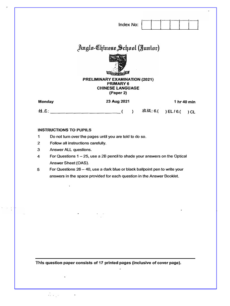 P6 Chinese Prelim 2021 ACS Exam Papers | PDF
