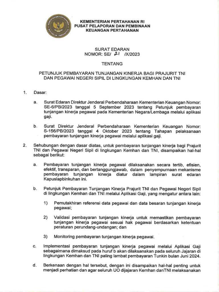 SE 21 X 2023 Jukyar Tunkin Bagi Prajurit TNI Dan PNS Di Lingkungan ...