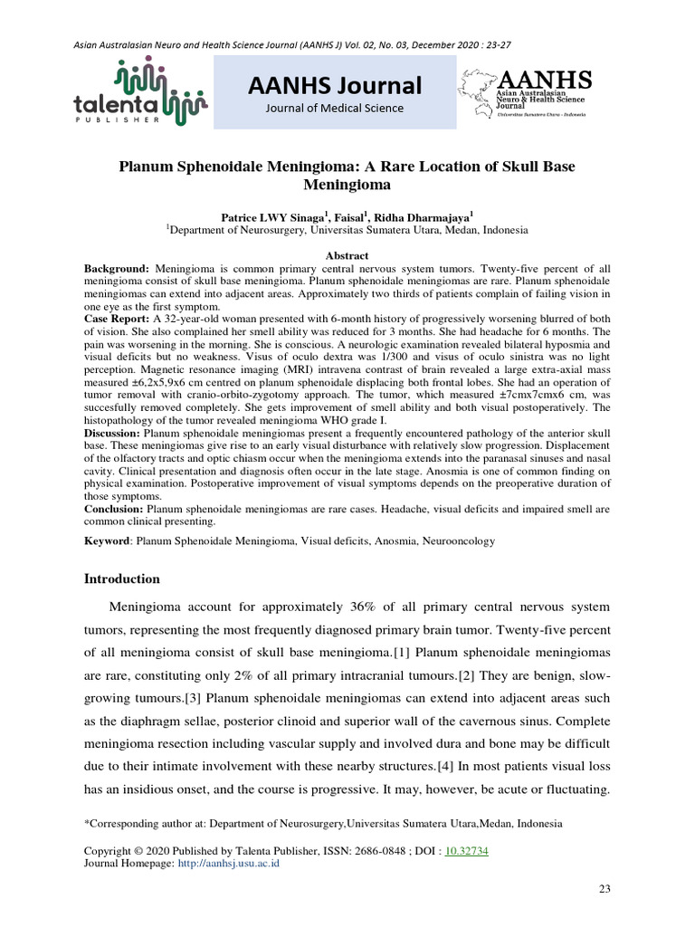 Planum Sphenoidal Meningioma | PDF | Brain Tumor | Neuroscience