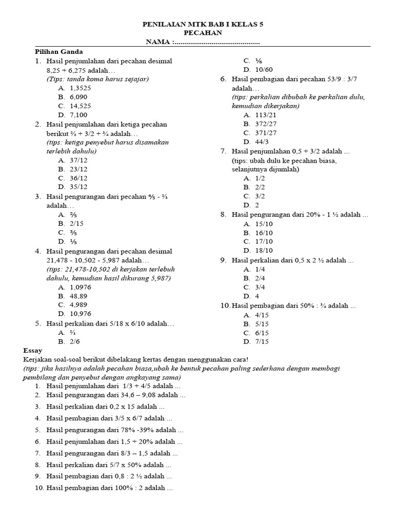 Penilaian MTK Bab I Kelas 5 Materi Pecahan | PDF