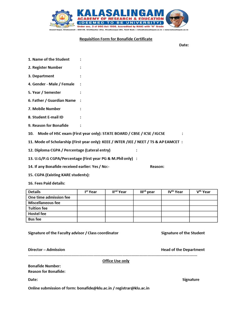 Bonafide Certificate Requisition Form | PDF