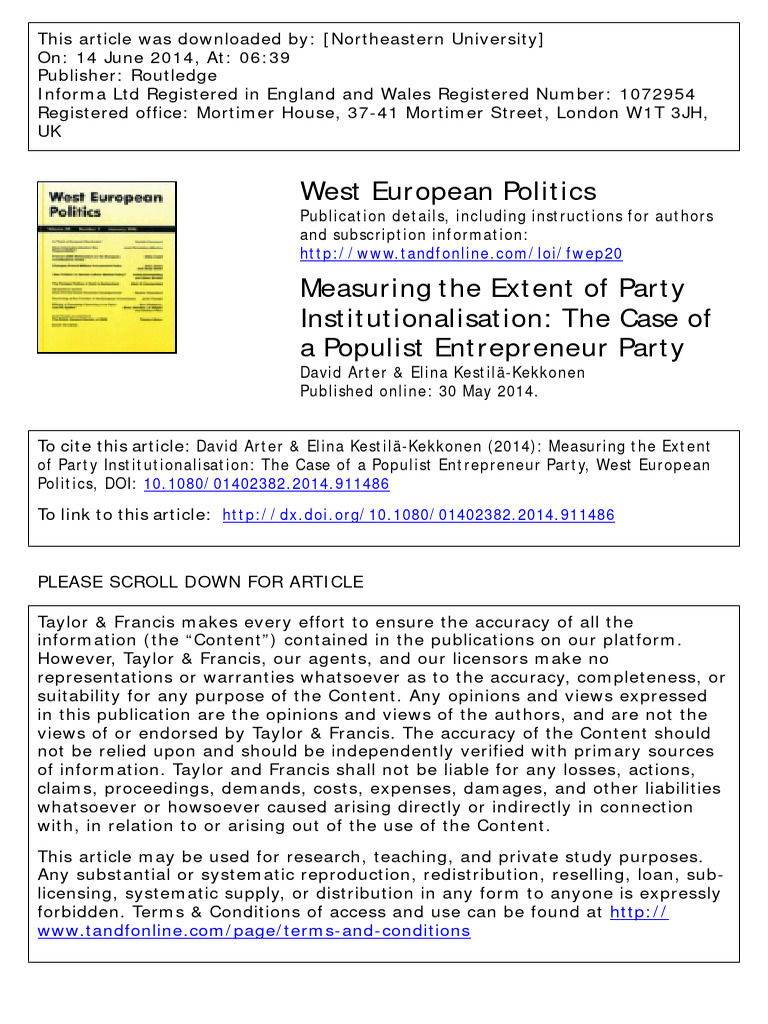 West European Politics: To Cite This Article: David Arter & Elina ...