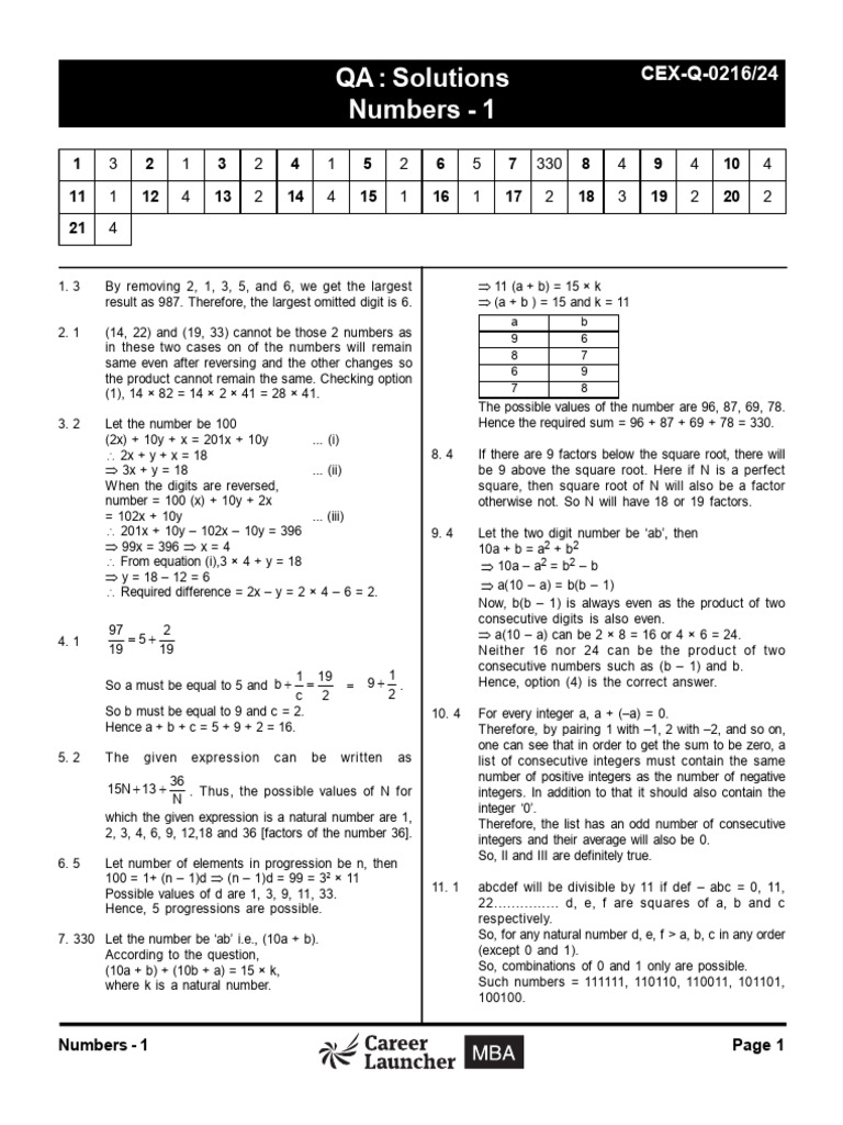 QA 16 Numbers-1 Sol | PDF | Numbers | Integer