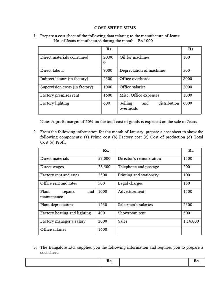 COST SHEET SUMS (1) | PDF | Cost | Expense