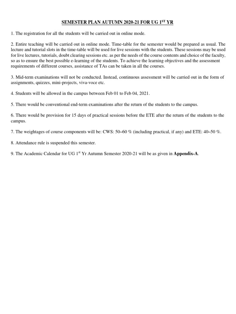 Semester Completion Plan UG 1st Yr Autumn 2020-21 | PDF | Academic Term ...