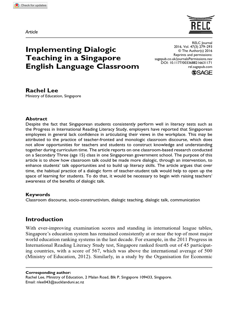 Lee 2016 Implementing Dialogic Teaching in A Singapore English Language ...