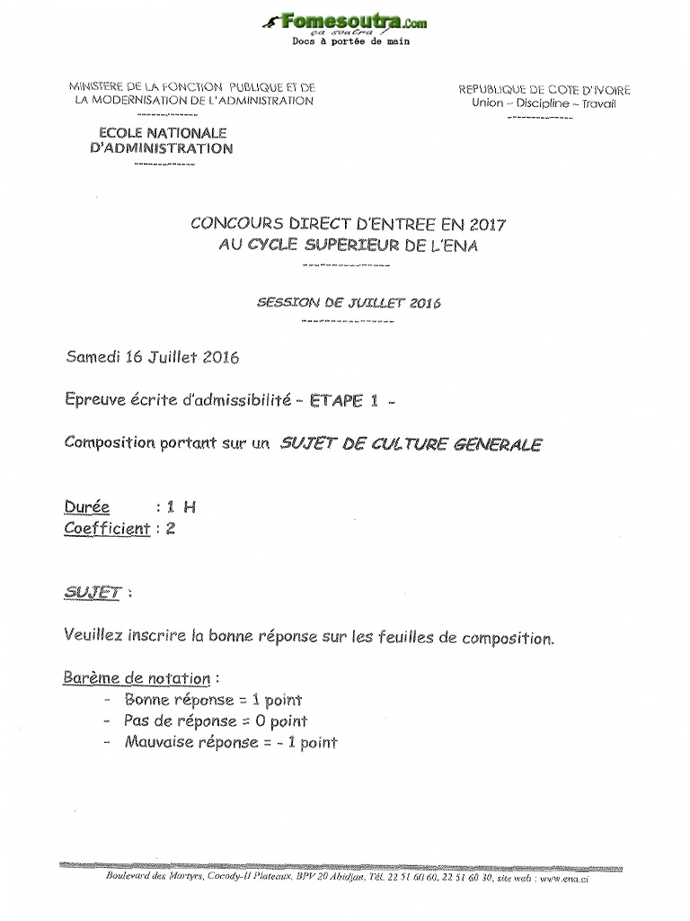 612b652a4c8acsujet de Culture Generale Ena Cycle Superieur 2016 | PDF