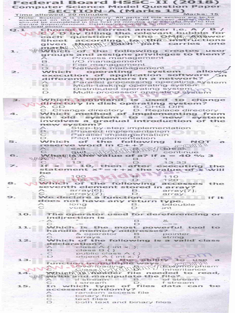 Past Papers Federal Board 2018 FSC Part 2 Computer Science English ...