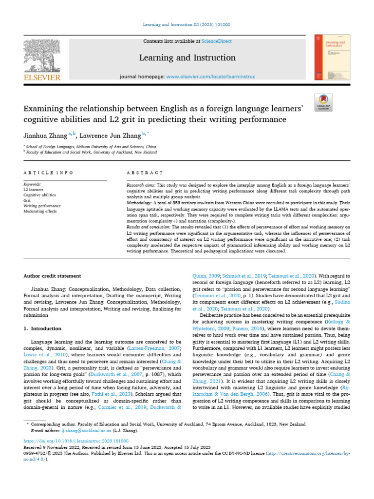Zhang2023 - L2 - Cognitive N Writing Performnace | PDF | Second ...
