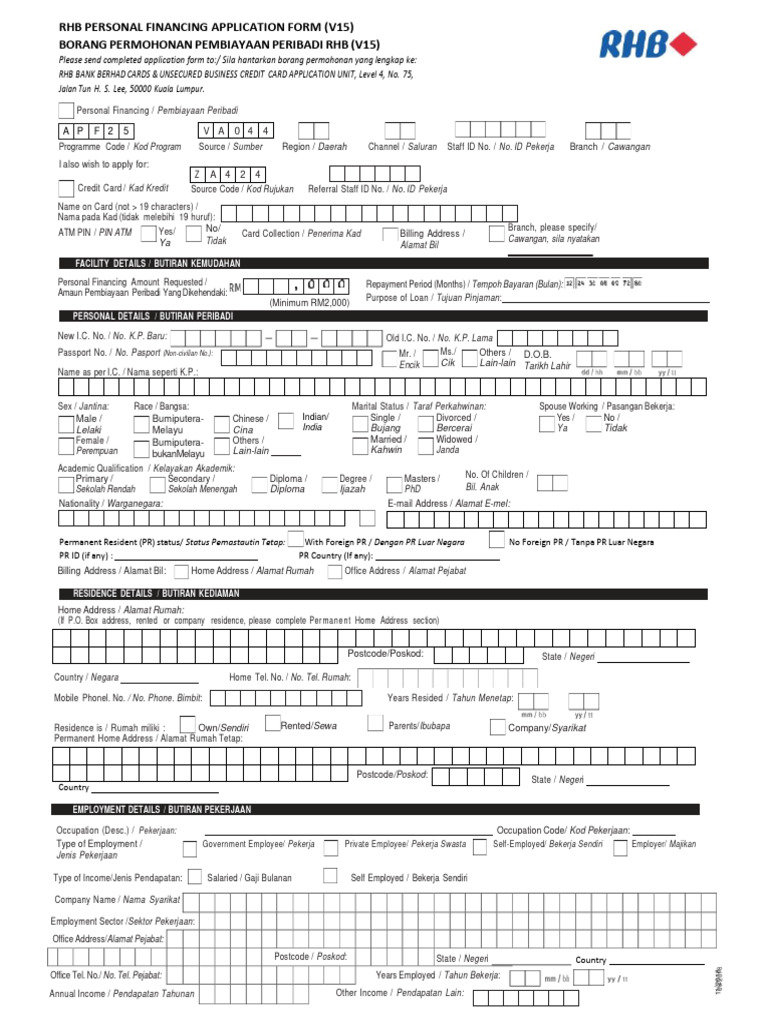 RHB Personal Financing Application Form | PDF | Debt | Interest