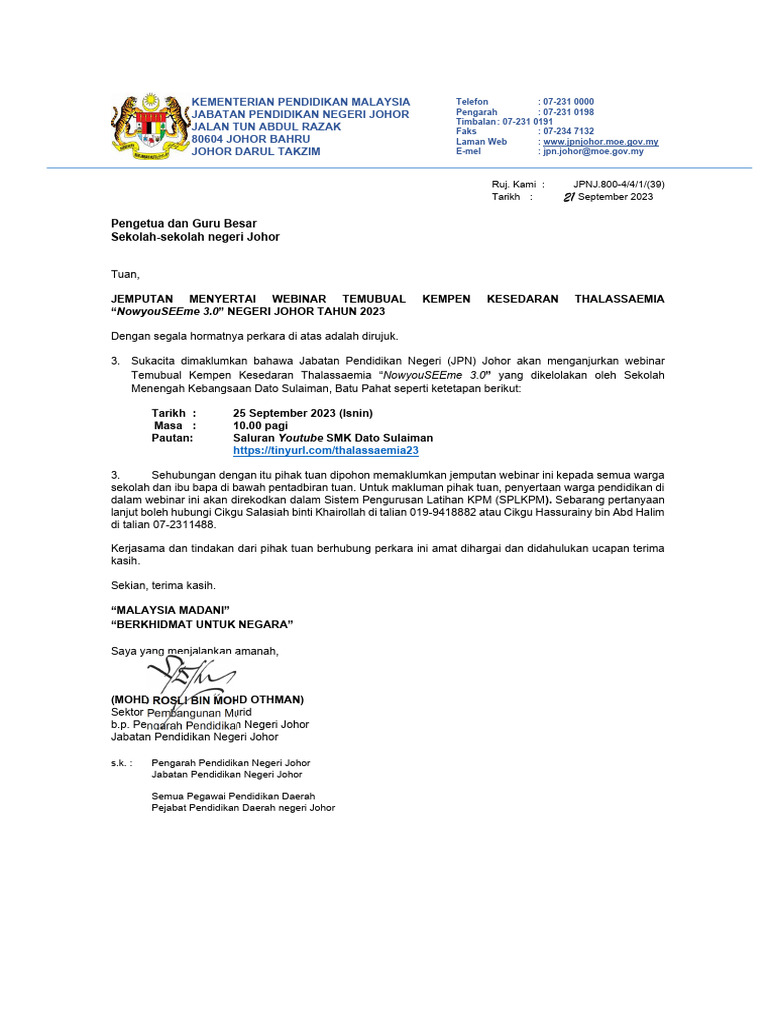 Surat Webinar Kempen Kesedaran Thalassaemia 2023 | PDF
